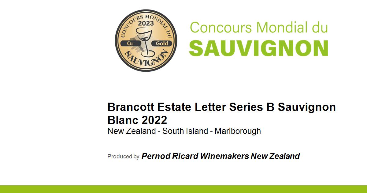 Brancott Estate Letter Series B Sauvignon Blanc 2022 • Concours Mondial ...